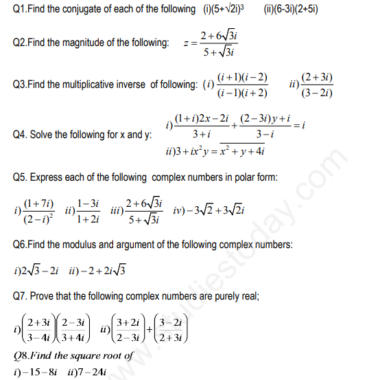 CBSE Class 11 Mathematics Complex Numbers and Quadratic Equations Assignment Set A